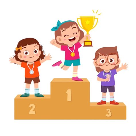 Feliz niño lindo ganar juego trofeo de oro Vector Premium