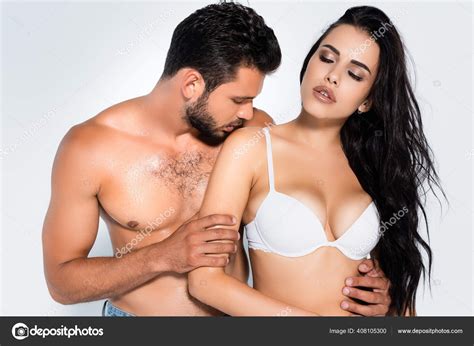 Shirtless Man Kissing Shoulder Brunette Woman Bra Isolated White