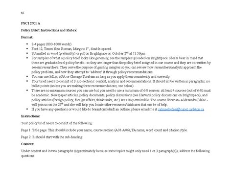 Policy Brief Rubric Psci 2701 A Policy Brief Instructions And Rubric Format 2 4 Pages