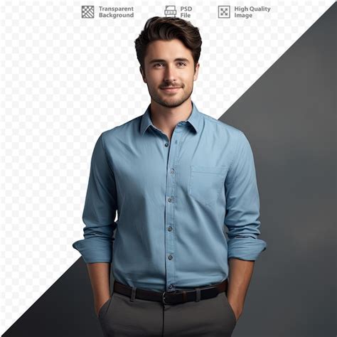 A Man In A Blue Shirt Stands In Front Of A Black Background With A