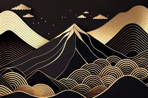 고귀한 푸른 황금 물결 모양 후지산 그림 프리미엄 사진