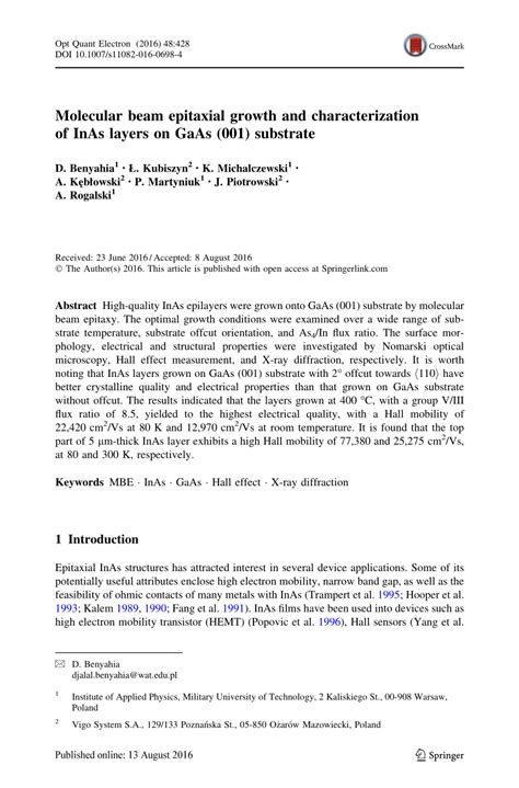 PDF Molecular Beam Epitaxial Growth And Characterization Of InAs Layers On GaAs Substrate