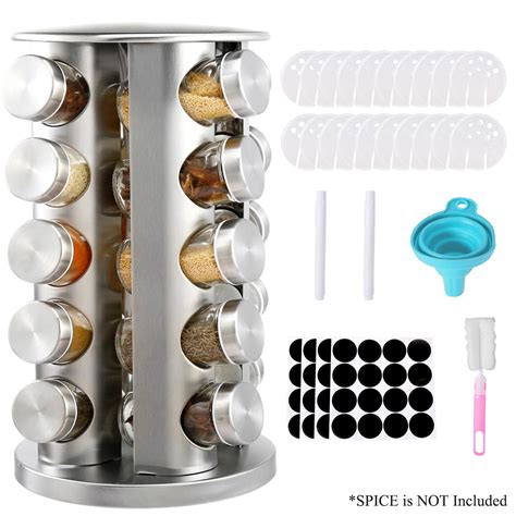 Stainless Steel Rotating Spice Rack 20 Glass Jars Diy Labels