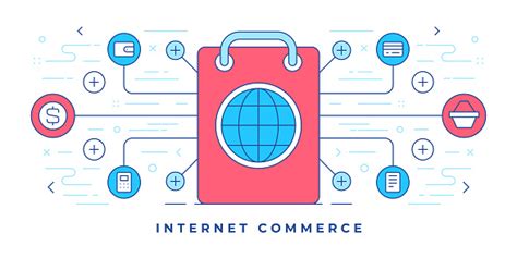 인터넷 상거래를 위한 글로브 사인이 있는 쇼핑백 주변에 그래픽 아이콘이 있는 플랫 라인 배너의 벡터 일러스트레이션 가상현실에 대한 스톡 벡터 아트 및 기타 이미지 Istock