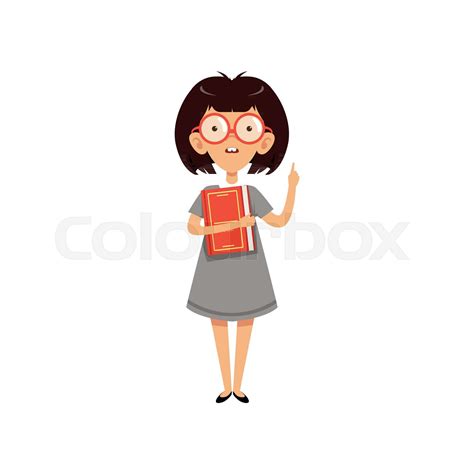 Funny Nerd Girl Holding Book And Index Finger Up Cartoon Character With Brown Hair And Two