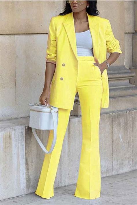 Womens Elegant Formal Double Button Two Piece Blazer Pants Set Wow