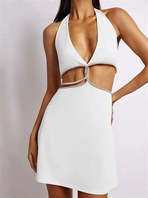Hlsohjp Halter Diamond Warp Sexy Dress Women Hollow Out Sleeveless