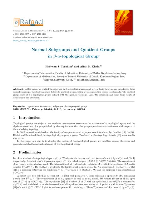 Pdf Normal Subgroups And Quotient Groups In β α Topological Group