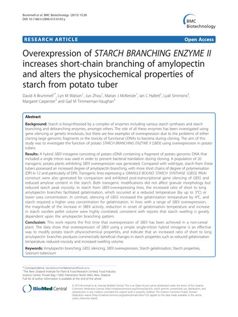 Pdf Overexpression Of Starch Branching Enzyme Ii Increases Short Chain Branching Of