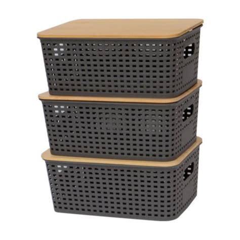 Bingli Plastic Storage Bins With Bamboo Lids Stackable Box Basket Pantry Decorative Containers