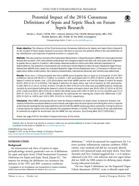 Pdf Potential Impact Of The 2016 Consensus Definitions Of Sepsis And