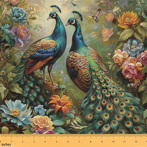 Peacocks Fabric By The Yardflowers Butterflies Upholstery Fabric