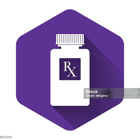 Rx 기호와 긴 그림자로 격리 된 알 약 아이콘 흰색 알 약 병 약국 디자인 Rx는 약품 병에 처방전 기호로 보라색 육각 버튼 벡터 일러스트레이션 0명에 대한 스톡 벡터