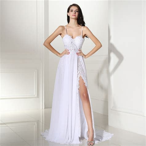 Gorgeous Spaghetti Straps Lace Chiffon Slit Beach Wedding Dress Summer