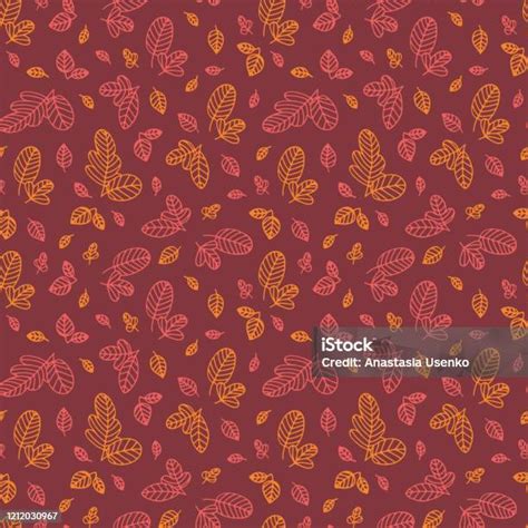 벡터 플랫 다채로운 가을 잎 원활한 패턴 템플릿입니다 갈색 배경에 빨간색과 노란색 윤곽선이 나뭇잎입니다 포장지 질감 인쇄 스크랩북용 꽃무늬 타일 배경 주제에 대한 스톡 벡터
