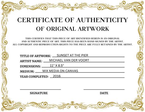 Editable Certificate Of Authenticity For Artwork Certificate Of