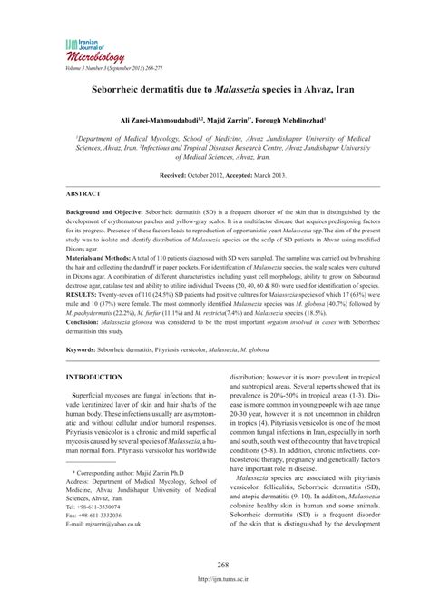 Pdf Seborrheic Dermatitis Due To Malassezia Species In Ahvaz Iran