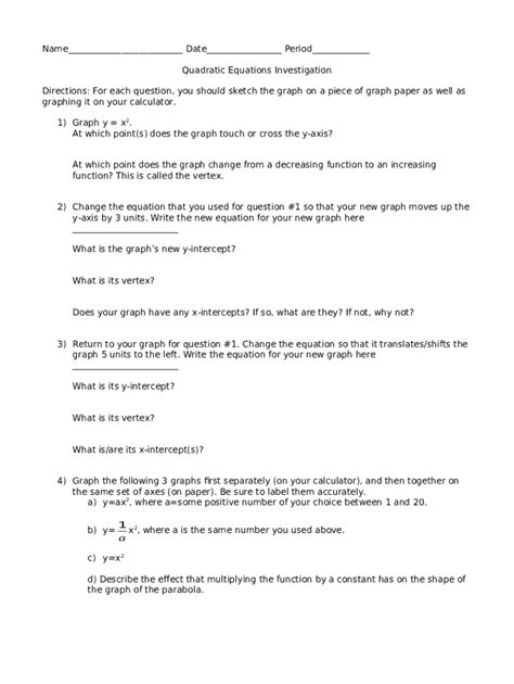 Quadratic Equations Investigation Doc Template Pdffiller
