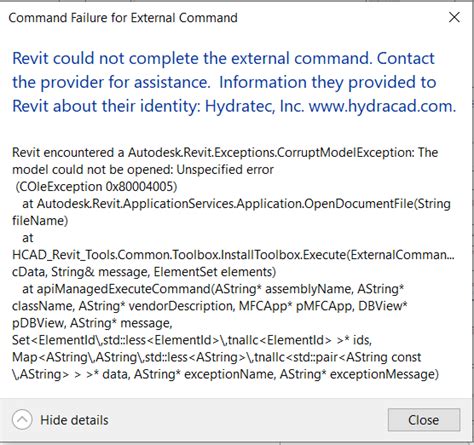 hydracards revit could not complete the external command revit