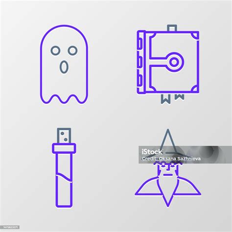 세트 라인 마법사 흑마법사 사랑의 묘약이 든 병 고대 마법서 고스트 아이콘 벡터 가공의 인물에 대한 스톡 벡터 아트 및 기타