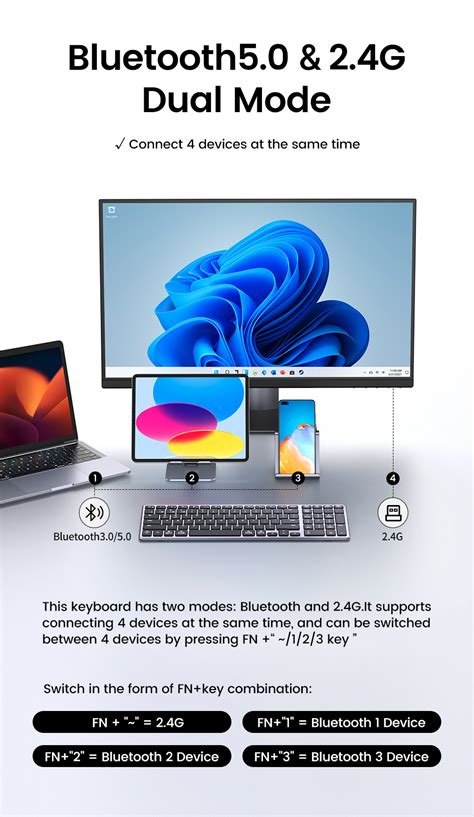 UGREEN Wireless Keyboard Bluetooth G Keyboard Keys Rechargeable Silent Click