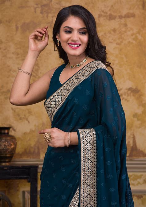 Buy Peacock Blue Gotapatti Georgette Saree Koskii