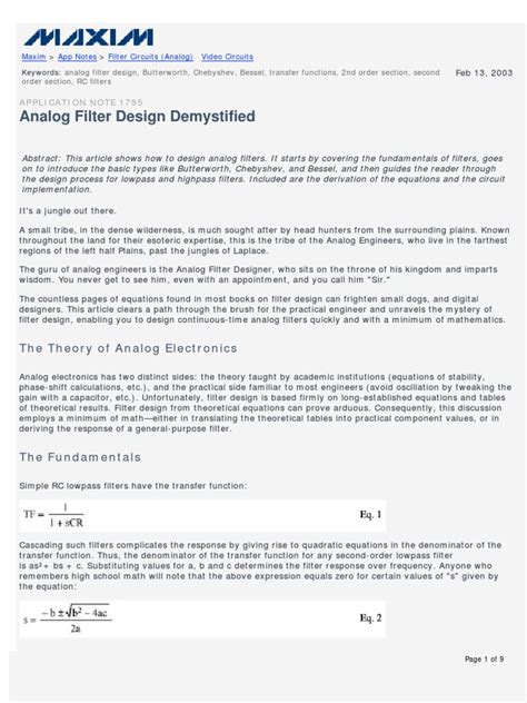 Analog Filter Design Demystified Pdf