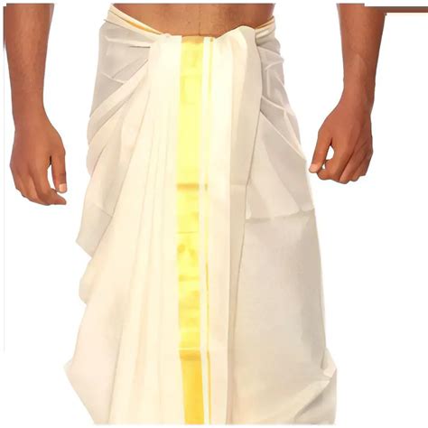 Cream Dhoti And Angavastram With Golden Woven Border Exotic India Art