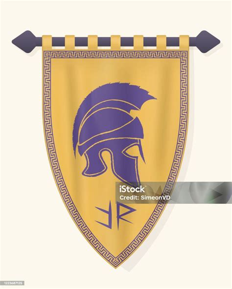 로마 헬멧축제 수직 배너입니다 비문 또는 로고에 대한 페넌트를 매달려 게임 벽 걸이 플래그입니다 벡터 모형 금 금속에 대한 스톡