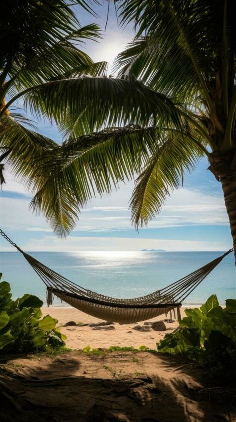 AI Generated Couple Lounging On A Hammock Tied Between Two Palm Trees