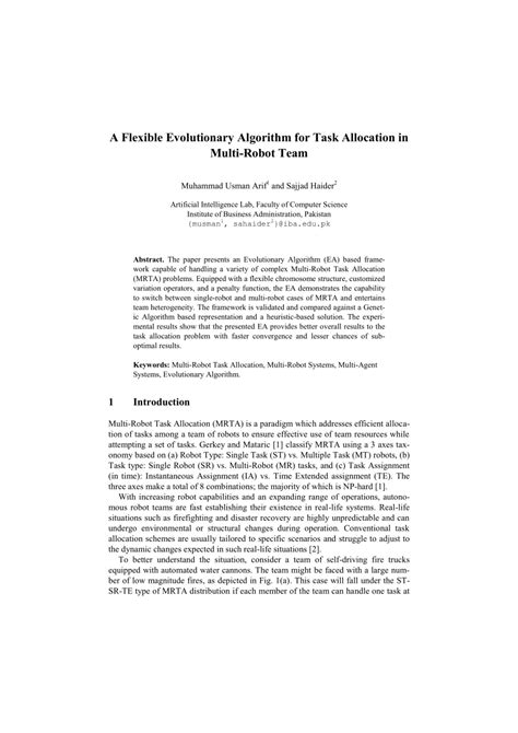 Pdf A Flexible Evolutionary Algorithm For Task Allocation In Multi Robot Team 10th