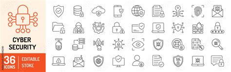 Cyber Security Editable Stroke Outline Icons Set Data Protection Spam Secure Security