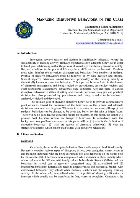 Pdf Managing Disruptive Behaviour In The Class