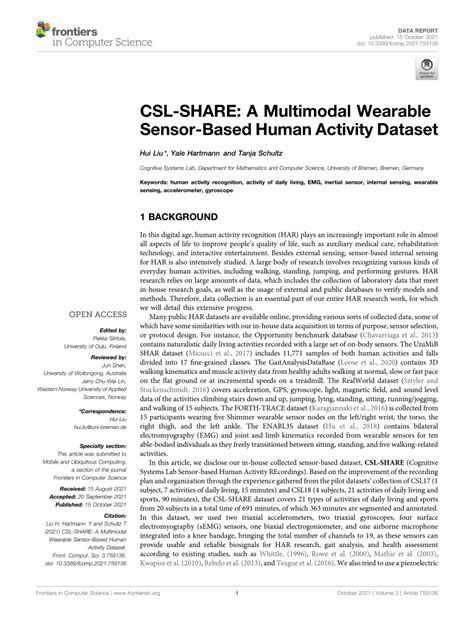 Pdf Csl Share A Multimodal Wearable Sensor Based Human Activity Dataset