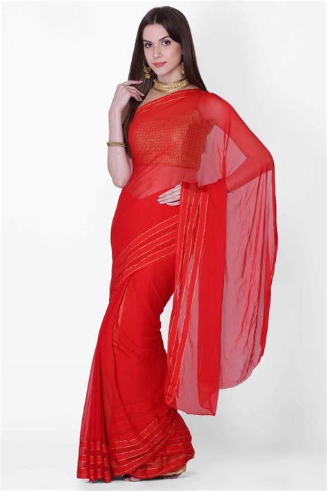 Red Plain Faux Chiffon Saree With Blouse Geroo Jaipur 2454574