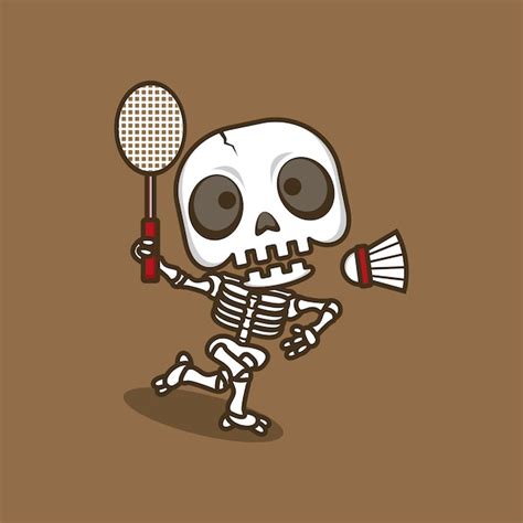 Crâne de dessin animé mignon jouant au badminton Vecteur Premium