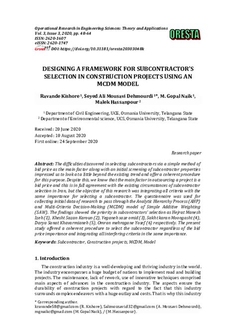 Pdf Designing A Framework For Subcontractors Selection In