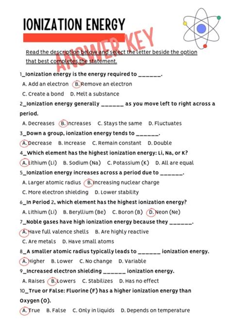 Ionization Energy Worksheet By Early Learners Lab Tpt