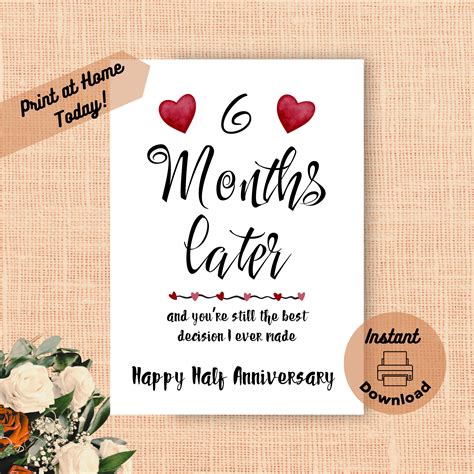 Printable 6 Month Anniversary Card Instant Download Print At Home