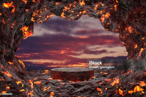 Abstact 3d 렌더링 및 자연 배경 제품 전시 미니멀리스트 모형 및 쇼케이스를 위한 눈 동굴의 용암 동굴에 있는 용암과 마그나 돌 연단 배경 주제에 대한 스톡 사진 및