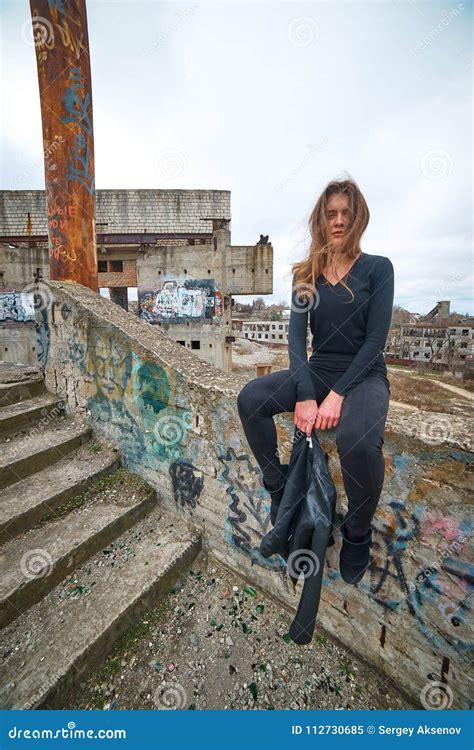 Pretty Brunette Portrait On The Abandoned Ruins Stock Image Image Of