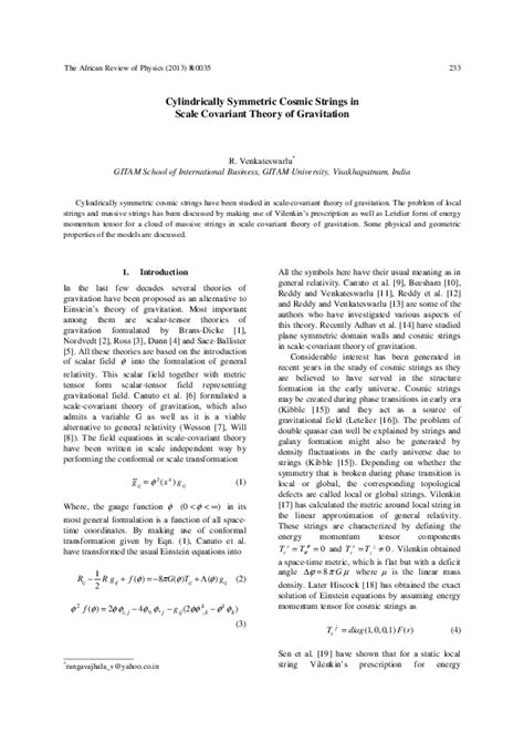 Pdf Cylindrically Symmetric Cosmic Strings In Scale Covariant Theory Of Gravitation
