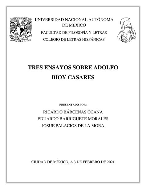 Tres Ensayos Sobre Adolfo Bioy Casares Monografías Ensayos De