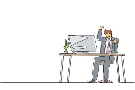 dibujo de una sola línea continua feliz hombre de negocios sentado en el lugar de trabajo con