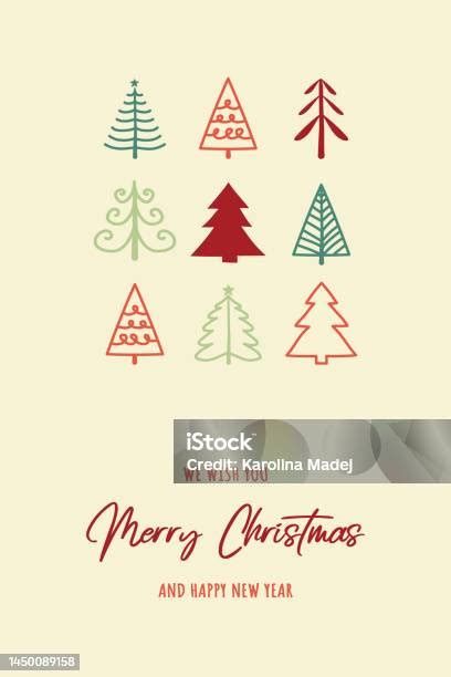 Pohon Natal Yang Digambar Tangan Kartu Ucapan Dengan Ornamen Ilustrasi