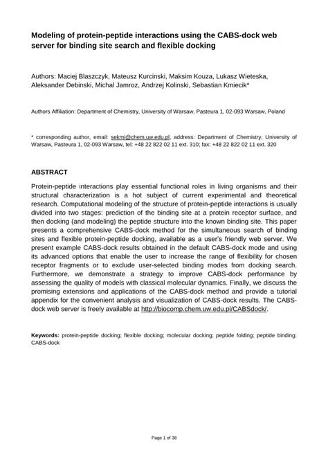 PDF Modeling Of Proteinpeptide Interactions Using The CABS Dock Web Server For Binding Site