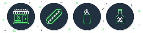 세트 라인 핫도그 샌드위치 겨자 병 바베큐 쇼핑 건물 및 케첩 아이콘 벡터 겨자에 대한 스톡 벡터 아트 및 기타 이미지 겨자 고기 굽기 Istock