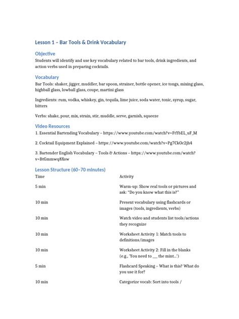 Lesson1 Bartending English With Worksheet Pdf