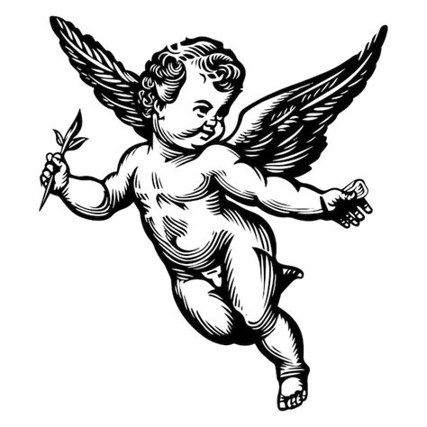 Vintage Black And White Vector Illustration Of Cupid In Engraved Style