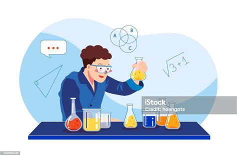 과학자들은 실험실에서 유리에 노란색 화학 물질을 보고 강철에 대한 스톡 벡터 아트 및 기타 이미지 강철 농부 만화